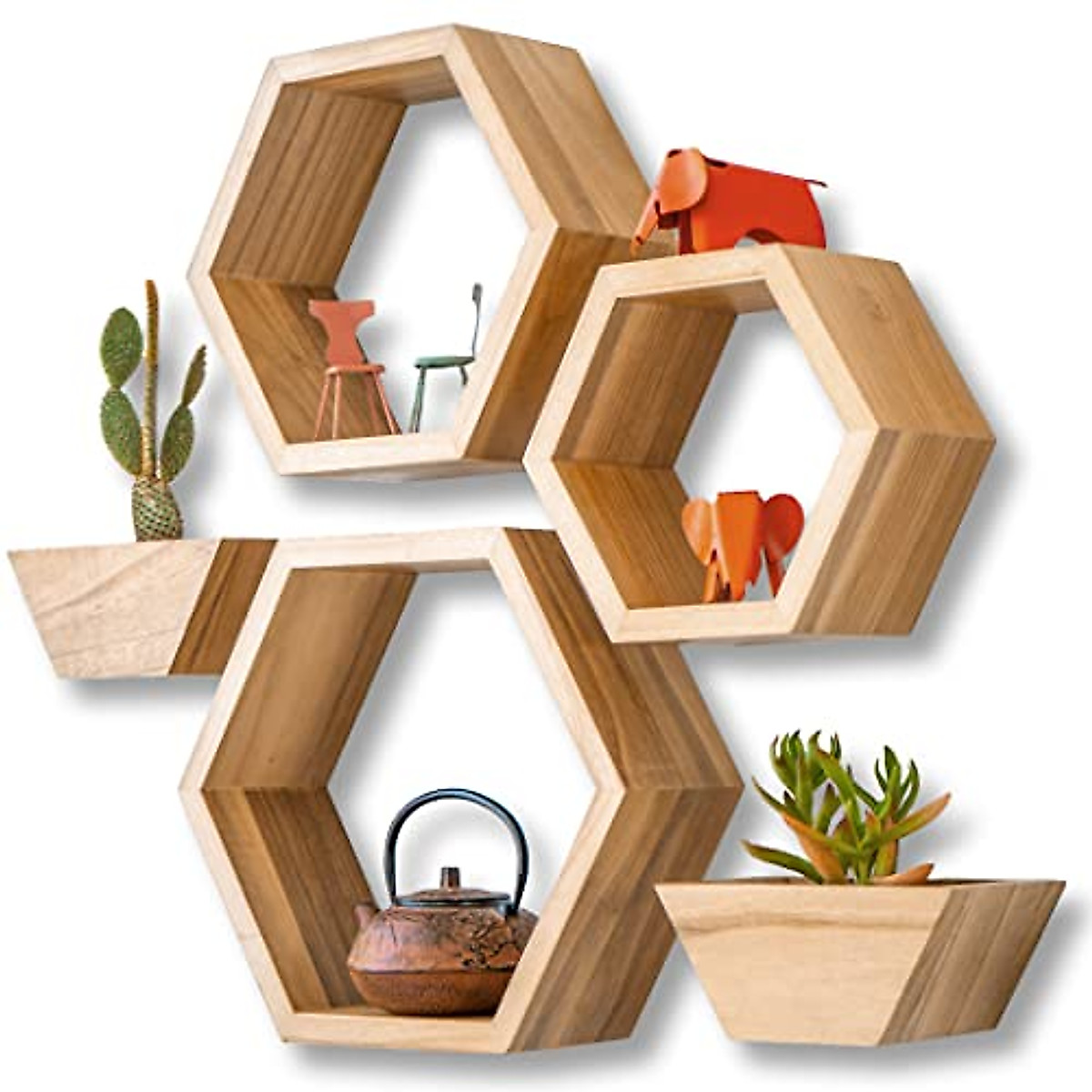 voohom Hexagon Floating Shelves – Set of 3 – 2 Wooden Plant Pots – Honeycomb Floating Shelves – Geometric Hexagon Shelves – Honeycomb Decor - Mounting Accessories Included