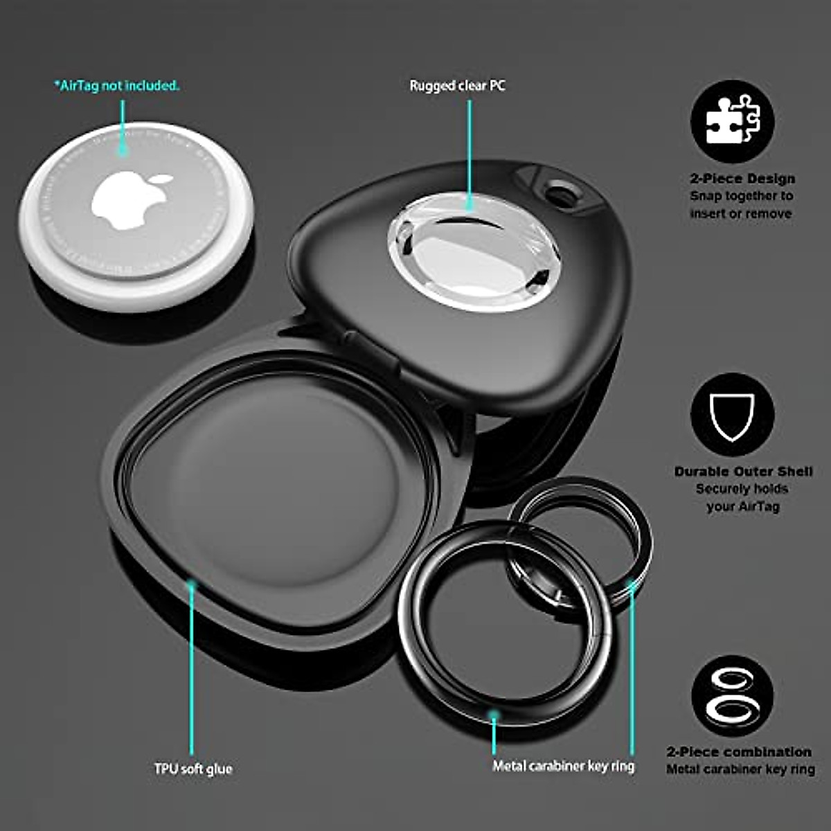 Waterproof Apple AirTag Keychain Case with Key Ring | IPX8,Ultra-Durable,Fully Enclosed | Air Tag Holder case for Luggage,Keys,Dog Collar(2 Pack)