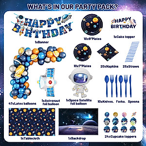 162PCS Outer Space Birthday Party Supplies, Space Themed Party Decorations Include Banner, Balloons, Backdrop, Hanging Swirls, Tablecloth, Plates, Cake Toppers for Kids Birthday Decorations