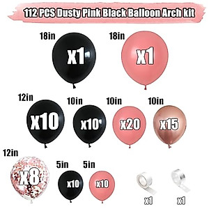 Dusty Pink and Black Balloon Arch Kit, 112 PCS Pink Rose Gold and Black Balloons Garland with Rrose Gold Confetti Metallic Rose Gold Balloons, Retro Pink Balloons for Bachelorette Princess Party Deco