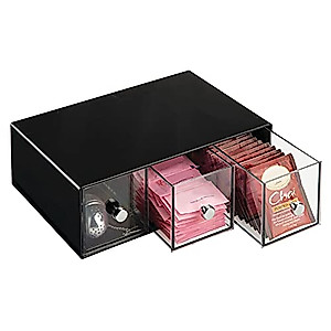 mDesign Plastic Kitchen Pantry Stackable Storage Organizer Container Station, 3 Drawers for Cabinet, Countertop, Holds Coffee, Tea, Sugar Packets, Creamers, Lumiere Collection, 2 Pack - Black/Clear