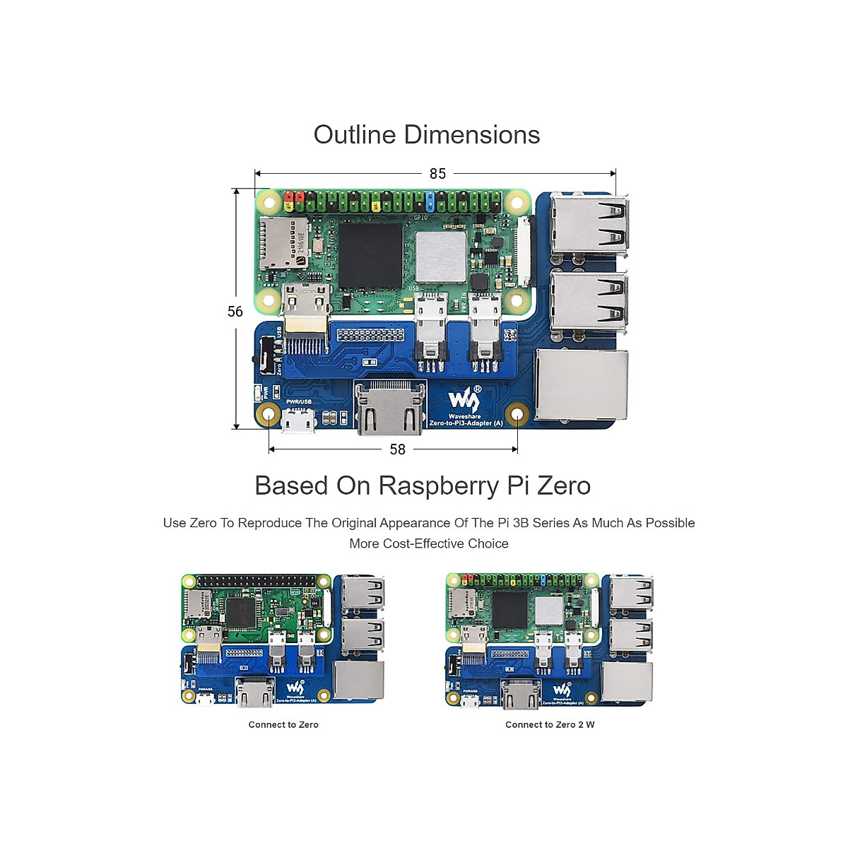 waveshare Pi Zero to Raspberry Pi 3B/B+ Adapter,Based on Raspberry Pi Zero to Reproduce The Original Appearance of The 3B Series,Alternative Solution for Raspberry Pi 3 Model B/B+