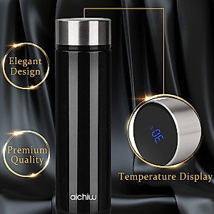 Aichiw Water Bottle Vacuum Insulated Multifunctional Portable Mug With Temperature Display Stainless Steel Cup for Travel Outdoor (16 Ounce Black)