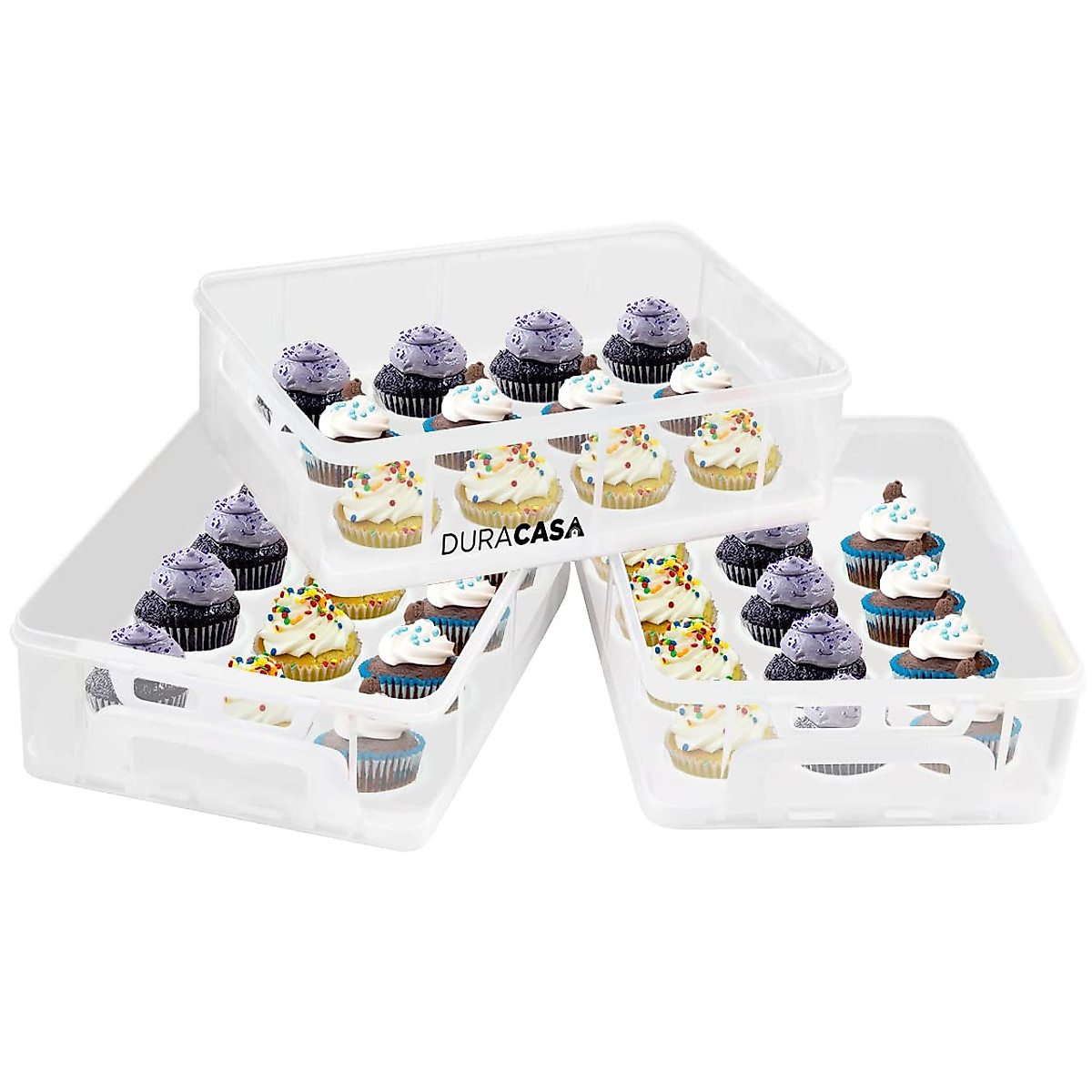 DuraCasa Cupcake Carrier, Cupcake Holder - Premium Upgraded Model - Store up to 36 Cupcakes or 3 Large Cakes - Stacking Cupcake Storage Container - Cookie, Muffin or Cake Carrier (White, Three Tier)