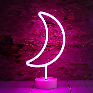 LED Neon Moon Lights, Moon Shape Neon Signs Crescent Night Lights Battery Operated Desk Table Lamp for Bedroom, Bar, Wall Decor-Moon with Holder Base(Pink)