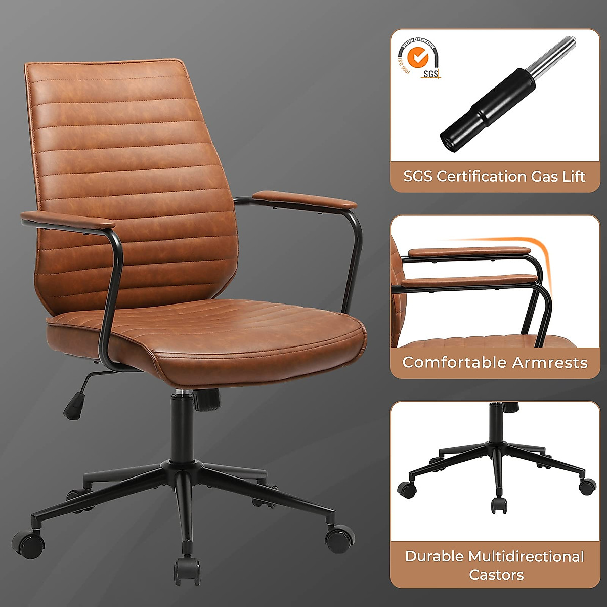 Brown Leather Office Chair, Ergonomic Mid-Back Executive Conference Task Chair, Ribbed Height Adjustable Swivel Rolling Chair for Home Office (Brown)