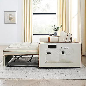 JULYFOX Beige Color Velvet Pull Out Sleeper Sofa,55 in Wide Mid Century Modern Loveseat Couch Sofa Button Tufted with Side Storage Pockets Recline Back Lumber 2 Round Toss Pillows for Small Spaces