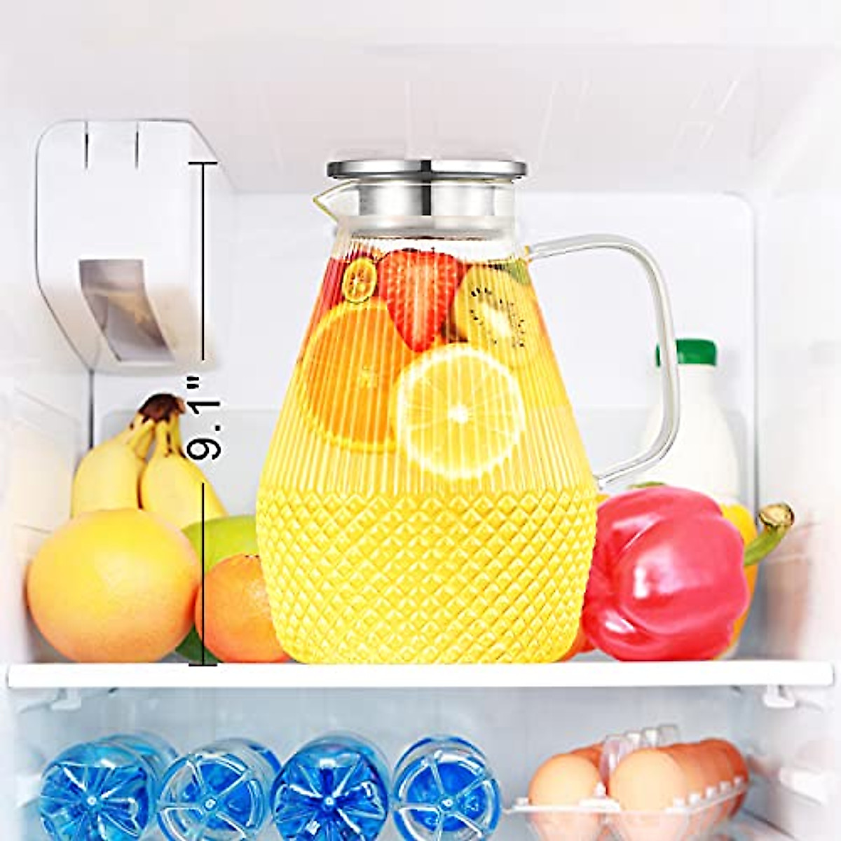 Glass Pitcher, veecom 80oz Glass Pitcher with Lid and Spout, Large Glass Water Pitcher for Juice, Lemonade and Hot&Cold Beverage, Iced Tea Pitcher for Fridge, Heat Resistant Glass Carafe with Brush