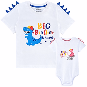 WAWSAM Big Brother Little Sister Matching Outfits Dinosaur Sibling Shirts Set Gift, White, 3T(Kid)/0-3M(Baby NB)