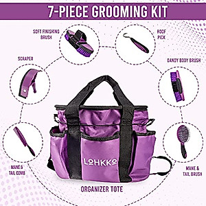 7-Piece Horse Grooming Kit with Organizer Tote Bag, Tack Room Supplies Set with Assorted Hair and Curry Brushes, Hoof Pick, and Sweat Scraper, Great Groomer Gift, Horse Riders, Beginner, Advanced, Purple OR Blue Avail