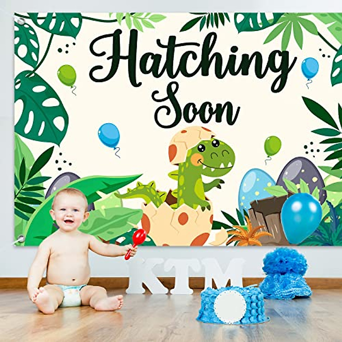 Hatching Soon Dinosaur Baby Shower Backdrop Banner Decor