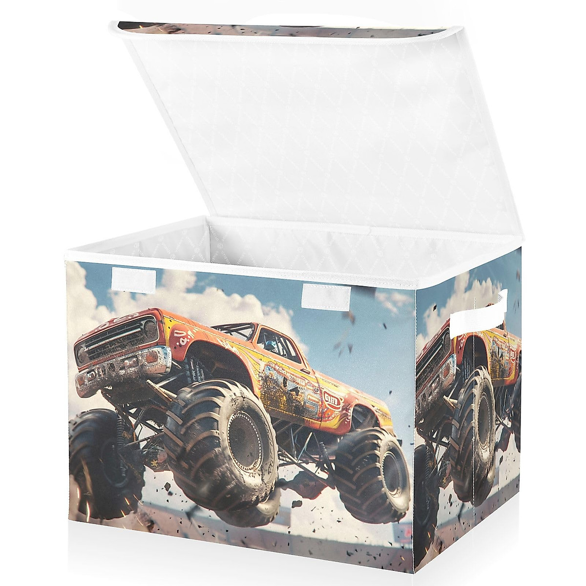 YMGQYJ Storage Cube with Lid Collapsible Monster Truck Jumping Print, Large Capacity Foldable Storage Basket Bin Organizer 16.5×12.6×11.8 IN