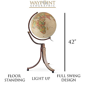 Waypoint Geographic Emily Globe, 20” Illuminated Decorative Globe, Floor-Standing World Globe For Library or Office Decor, Antique