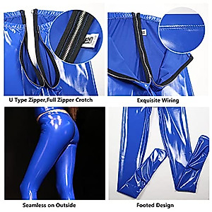 LESOYA Women's Sexy Shiny PVC Leather Leggings Stretchy Skinny Pants Full Zipper Crotch Footed Trousers Blue
