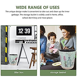 Zerodeko Small Trash Can, 10L/2.64 Gallon PU Leather Wastebasket Retro Decorative Waste Bin with Flower Patterned, Garbage Container for Bathroom, Bedroom, Kitchen, Home, Office