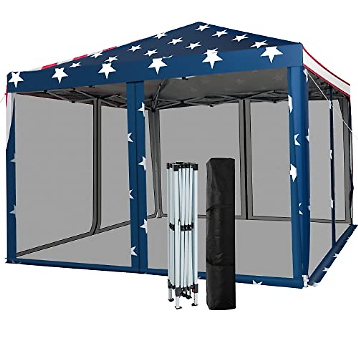Tangkula 10x10 ft Pop-Up Canopy Tent, Outdoor Canopy Tent with Carry Bag, Waterproof Screen House Room Tent with Netting for Camping, Backyard, Wedding, American Flag Printing