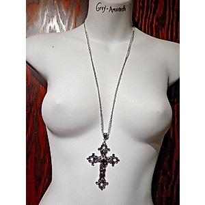 Large Gothic Cross Necklace silver-tone pendant with black glass stone, on 24" steel chain