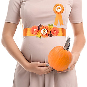5Pcs Pumpkin Maternity Sash Set, Happy Fall Theme Mom to Be & Daddy to Be Corsage Pins, Flower Crown and Pregnancy Sash Keepsake for Autumn Pumpkin Gender Reveal Baby Shower Party Photo Prop Gift