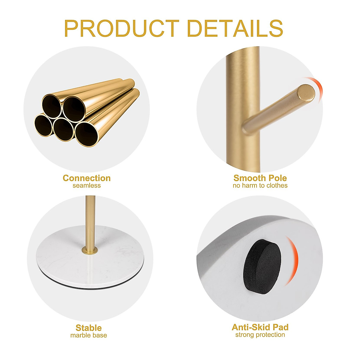 Snaikor Metal Coat Rack with Natural Marble Base, Modern Coat Rack Freestanding, Sturdy Coat Tree Stand, Golden Hall Tree for Jacket Hat Bag Entryway