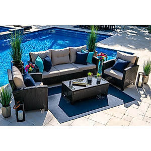 Bari 16-Piece Combination Outdoor Patio Furniture Set (L) in Espresso Brown w/Sofa Set, Eight-seat Dining Set, and Chaise Lounge Set