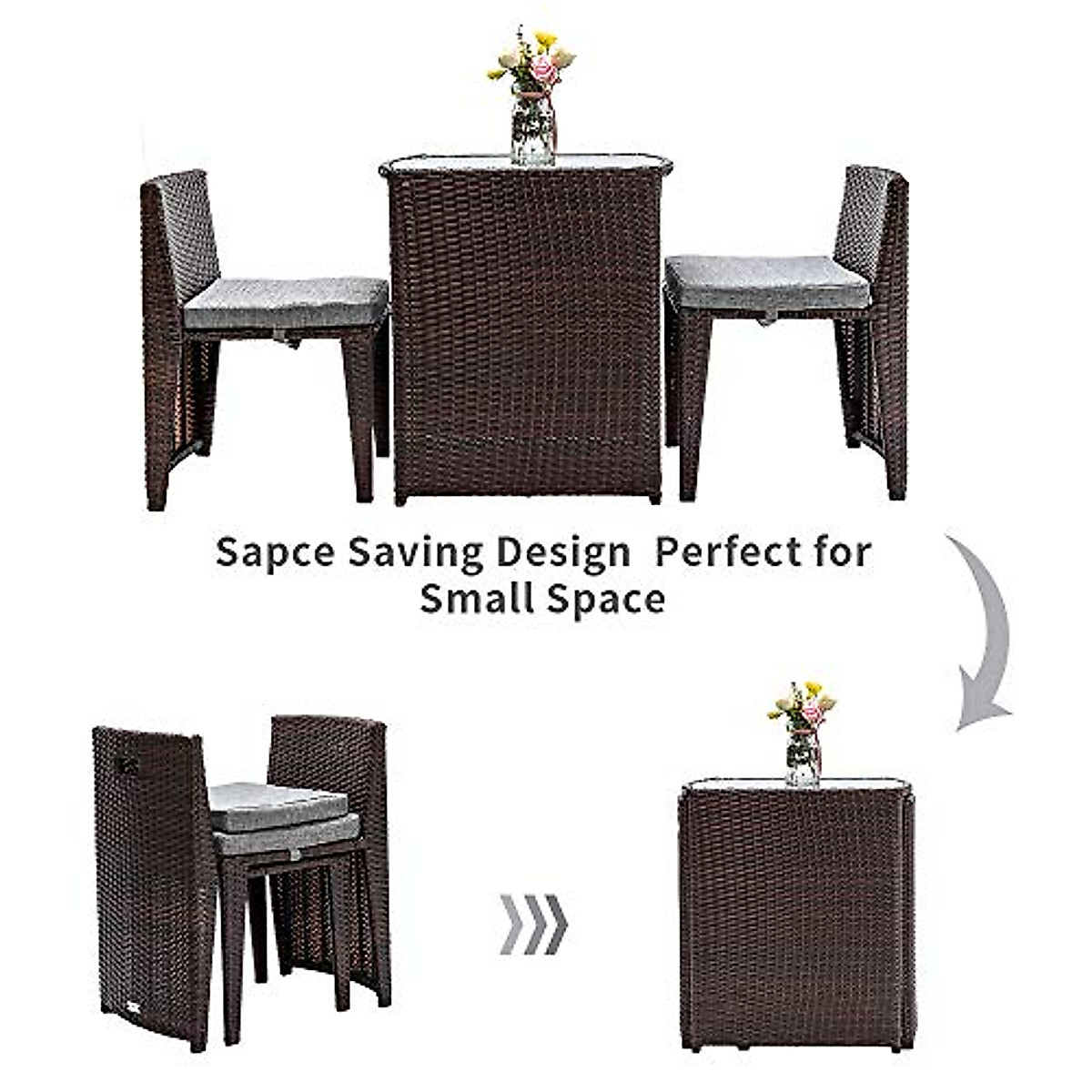 Bonnlo 3 PCS Wicker Outdoor Patio Bistro Set, Patio Furniture Set for Small Space with Glass Top Table Wicker Dining Chairs, Outdoor Balcony Furniture Dining Table Set for Garden Yard Porch
