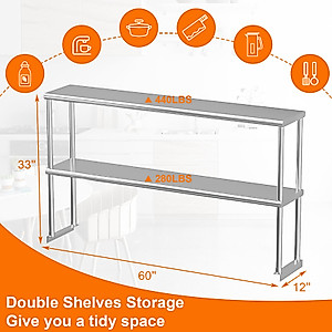 Stainless Steel Overshelf for Prep & Work Table, NSF Commercial Adjustable Double Deck Overshelf 2 Tier for Restaurant, Bar, Utility Room, Kitchen and Garage, 12'' x 60''