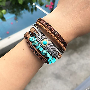AZORA Turquoise Stone Leather Wrap Bracelet Feather Cuff Bracelets Bohemian Woven Bracelet for Women Gift Brown