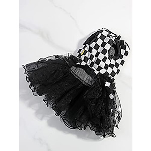 QWINEE Checkerboard Print Bow Decor Pet Dress Cat Dog Mesh Princess Dress Cute Puppy Dresses Pet Party Birthday Costume for Small Medium Large Girl Cats Dogs Kitten Black and White Medium