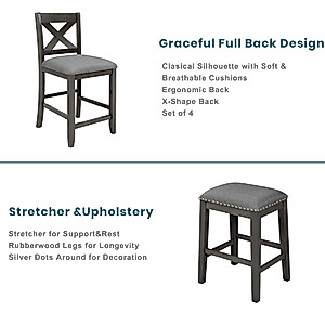 Bellemave 5 Pieces Counter Height Dining Table Set for 4,Rustic Farmhouse Wooden Bar Table Set with 3-Tier Shelf, 2 Stools and 2 Chairs for Kitchen Dining Room(Grey)