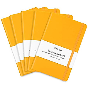5 Pack Journal Notebooks, Taotree Yellow Classic Ruled Writing Notebook, Hard Cover PU Leather, 120gsm Premium Thick Paper, Inner Pocket, 128 Pages, 5"×8.3" for Office Business Supplies