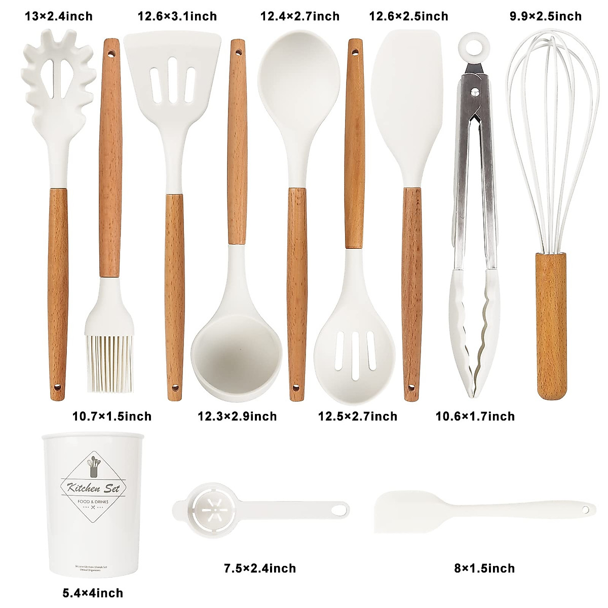 White Kitchen Utensils Set-12 Pieces Silicone Cooking Utensils Set with Wooden Handle (Dishwasher Safe) 392°F Heat Resistant Spatula Set, Nonstick Cookware,Best Kitchen