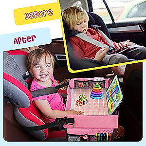 BUENAVO [New Version] Car Seat Organizer Kids Travel Tray for Kids Toddlers Activities in Car Seat, Stroller, Airplane | Waterproof Dry Erase Top | Side Pocket & Water Bottle Holder