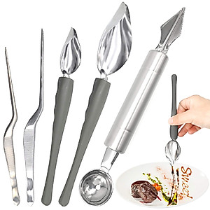 5 Pieces Culinary Drawing Decorating Spoon Set, Drizzle Spoons, Cooking Tweezers and Melon Baller Spoon, Professional Chef Tool for Decorating Plates