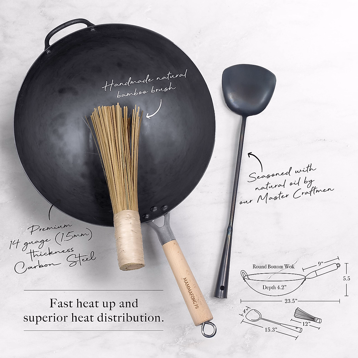 Mammafong Traditional Hand Hammered Pre-seasoned Round Bottom Carbon Steel Wok Set with Wok Spatula and Bamboo Brush (14 inch preseasoned wok set)…