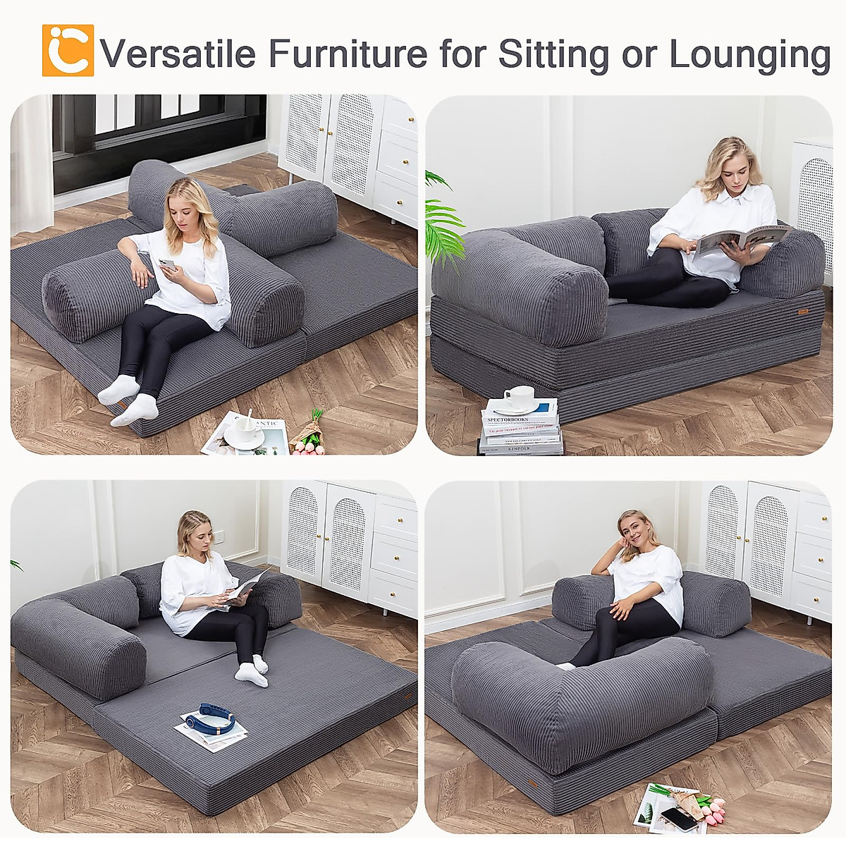 COMAX Futon Sofa Bed, 4-in-1 Floor Foldable Sofa Couch Bed Queen with L-Shaped Armrests, Convertible Folding Chair Bed Sleeper Mattress Fold Out Comfy Lounge for Living Room Bedroom, Dark Grey