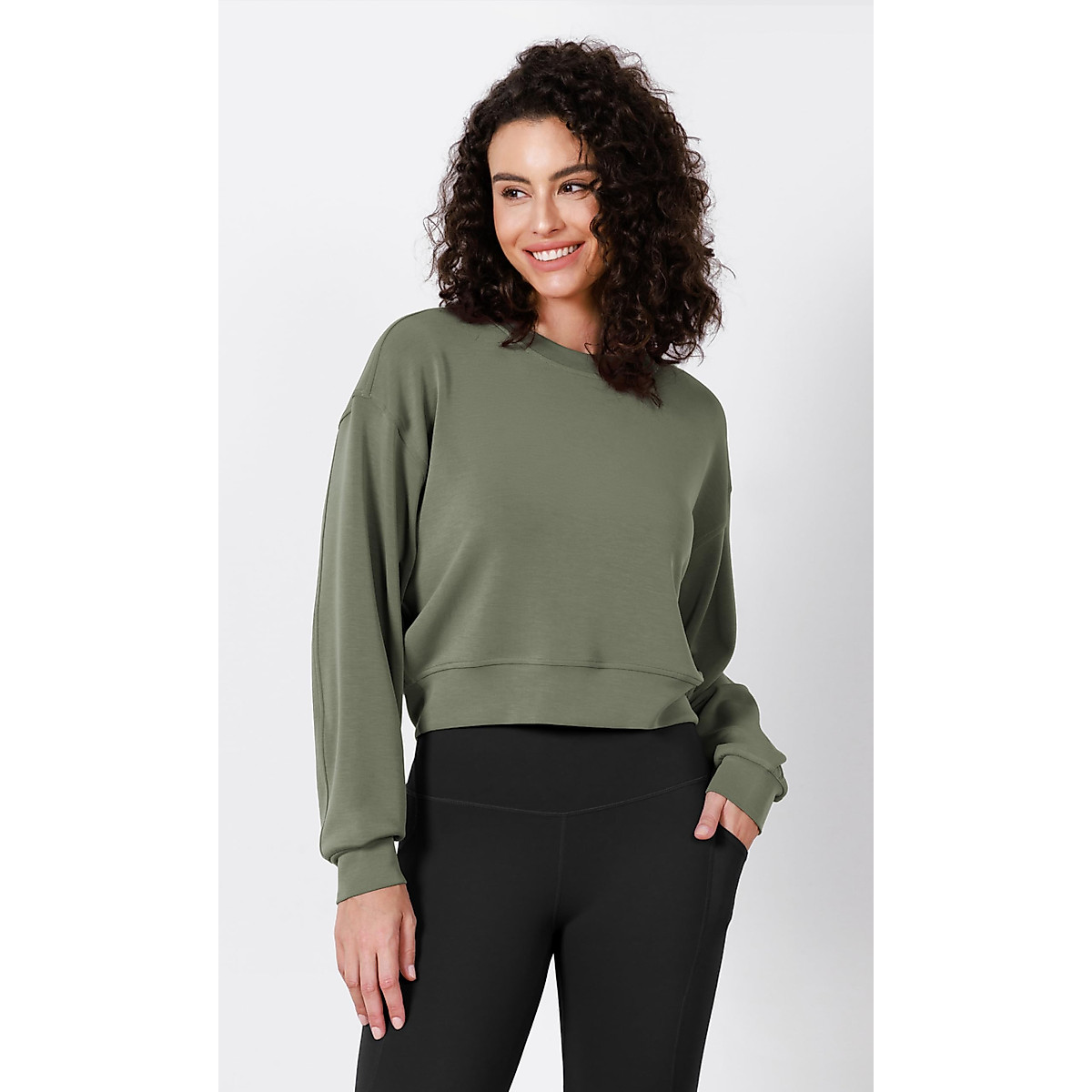 ODODOS Modal Soft Long Sleeve Cropped Sweatshirts for Women Oversized Crew Neck Pullover Crop Top, Dark Sage, Large