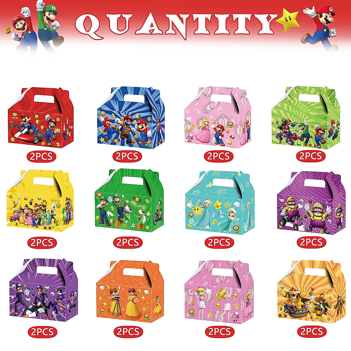 YNOUU 24Pack Cartoon Super Bros Party Gift Boxes Birthday Party Favor Supplies Cartoon Super Bros Treat Gift Boxes with Handles for Super Bros Party Decorations (12style)