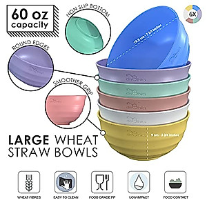 DINETHICS 60 OZ 6 Big Bowl Set - Wheat Straw Bowls - Unbreakable Microwave Safe Bowls - Large Cereal Bowl - Salad Bowls Large Serving Bowls For Kitchen -Bowls For Family Movie Night (Coral)