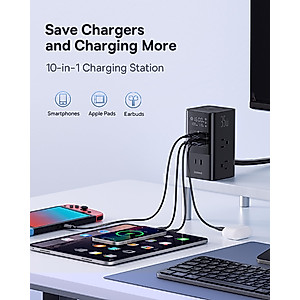 Baseus Charging Station, 10 in 1 USB Power Strip 35W with 1200J Surge Protector, 6 AC + 2 USB-C + 2 USB-A Port, Fast Charging Desktop Charger for iPhone 15/14 Series, iPad, Game, Home, Office (35W)