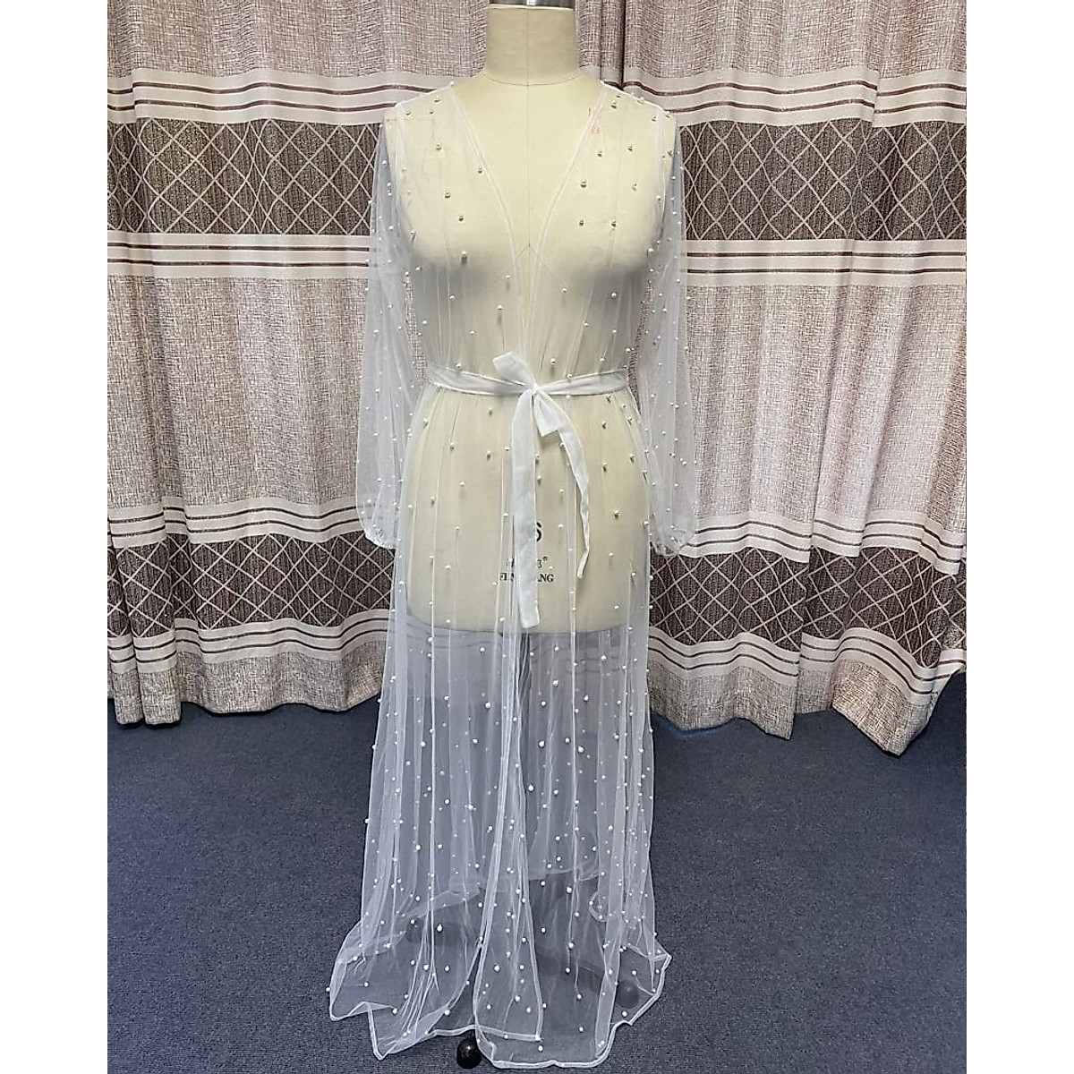 Pearl Long Sleeve Wedding Jacket Tulle Party Shawl BOLERO Floor-Length Bridal Cape Sexy pearl robe(white,M)