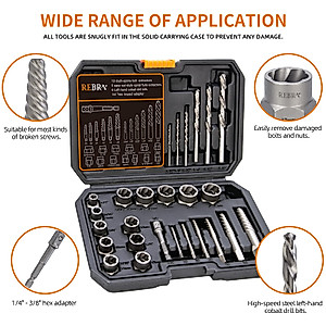 REBRA Screw&Bolt Extractor Set and Left-Hand Drill Bit Set, with Hex Adapter, Easy Out Stripped Screw Remover Socket Set Tool for Stripped, Damaged, Rounded-Off, Rusted Bolts, Nuts&Screws 26-Pieces