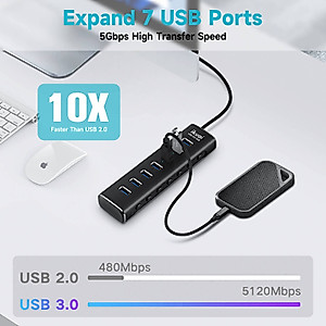 Powered USB 3.0 Hub, ikuai 7-Port 3.0 Data Aluminum USB Hub Splitter with 24W AC Adapter and 3.3ft Extended Long Cable for PC, Laptop, PS4, HDD, Flash Drive