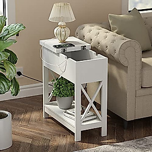 ChooChoo End Table with Charging Station, Narrow Flip Top Side USB Ports & Power Outlets for Small Spaces, Bedside Storage, Nightstand Sofa Living Room, Bedroom White