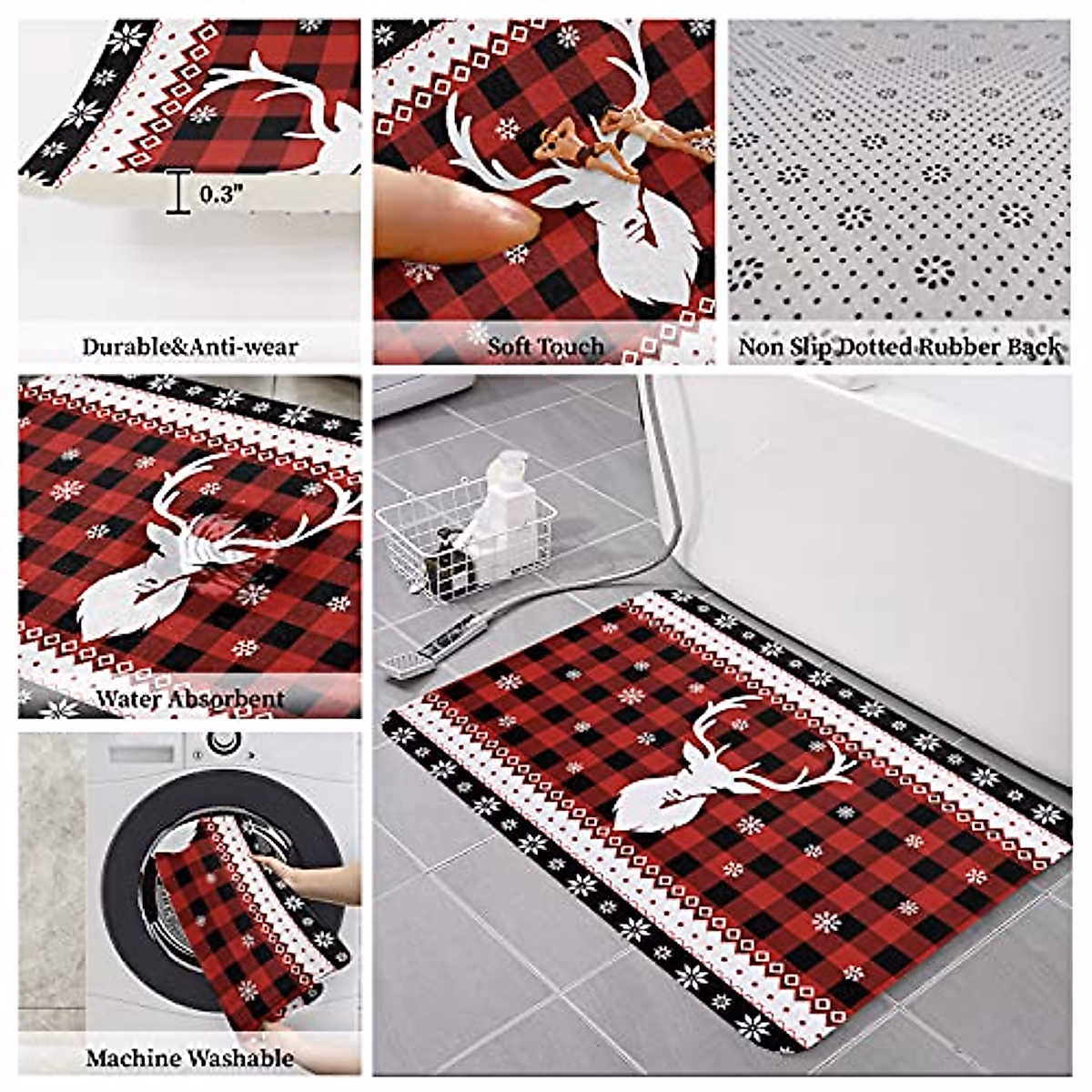 Christmas Bath Rugs Elk Deer Reindeer Snowflake Sponge Doormat Absorbent Non Slip Durable Soft Flannel Mat Red Buffalo Plaid Check Christmas Memory Foam Mats for Bathroom Kitchen 20 x 32 inches