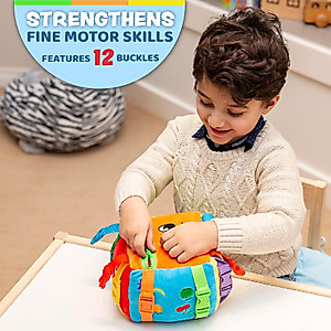 Buckle Toys - Bingo Cube - Toddler Plush Preschool Learning Activity Toy - Develop Fine Motor Skills - Counting and Math - Storage for Small Items