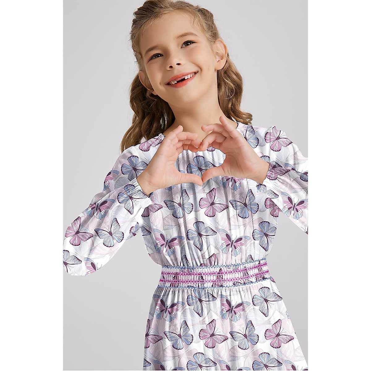 tiny sugar Girls Floral Smocked Waist Dress Church Holiday Playwear Soft Midi Dress with Pockets Butterfly-7y