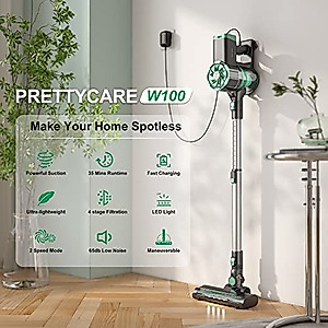 PRETTYCARE Cordless Vacuum Cleaner, 180W Powerful Suction Stick Vacuum with 35min Long Runtime Detachable Battery, 6 in 1 Lightweight Quiet Vacuum Cleaner Perfect for Hardwood Floor Pet Hair, Green
