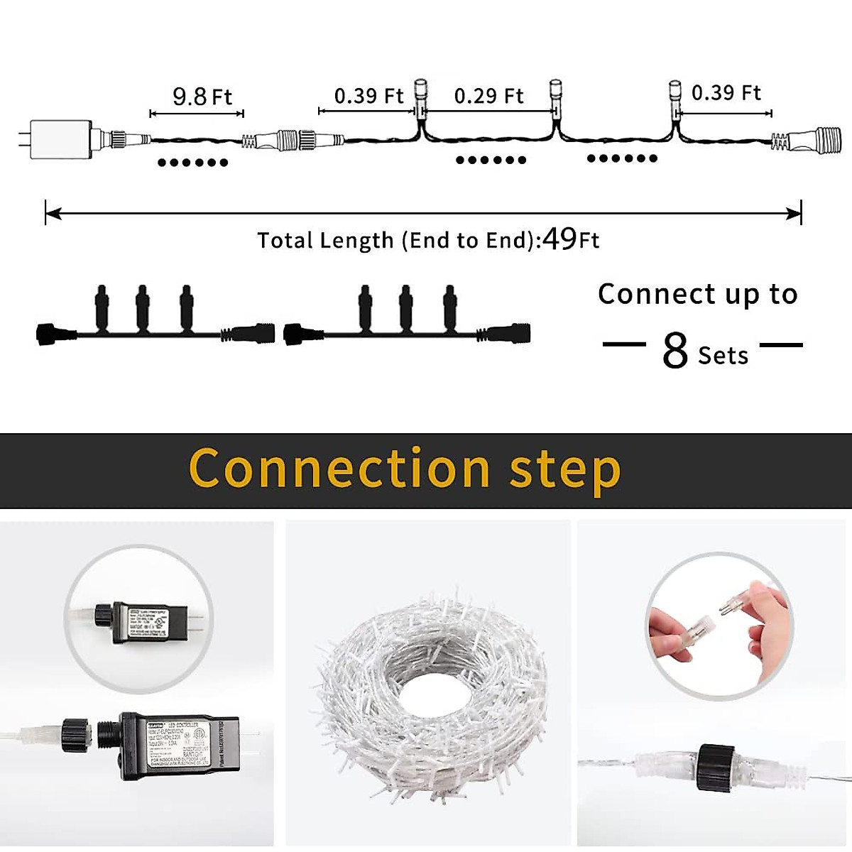 Christmas String Lights - 120 LEDs 49ft/15m End-to-End 8 Modes Plug in - Indoor/Outdoor Waterproof Decorative Fairy Twinkle Xmas Lights for Home/New Year/Tree/Thanksgiving Day/Wedding - Cool White