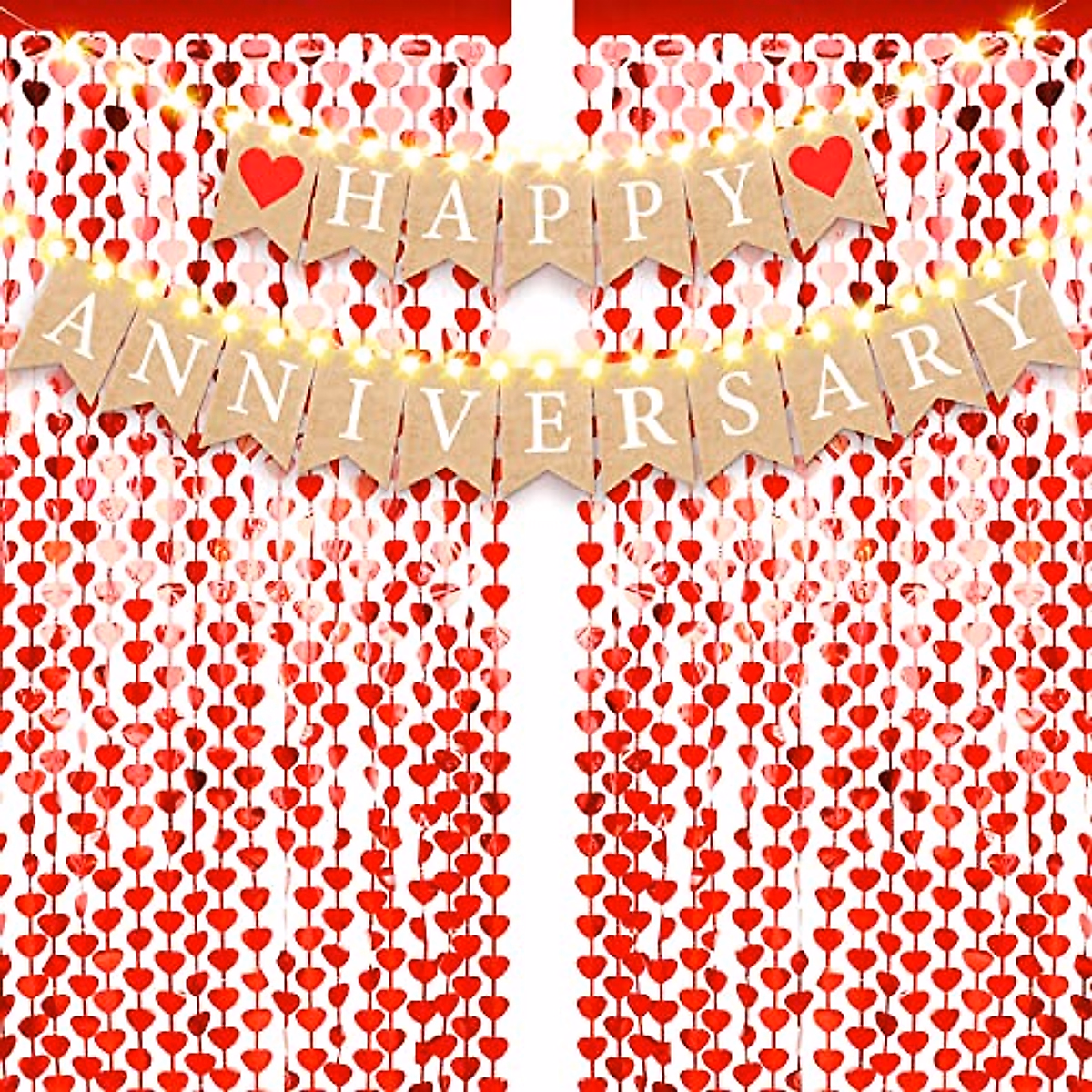 Breling 6 Pieces Burlap Happy Anniversary Banner Party Bunting Garland Decorations Wedding Decoration Supplies Hanging Red Heart Streamer with LED Lights, M