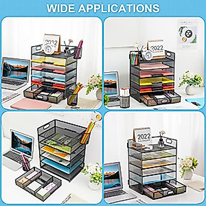 Lavatino 6 Tray Desk Organizer with Drawer, Mesh Paper Letter Tray Organizer with Handle and 2 Pen Holder, Desktop File Organizer and Storage for Letter/A4 Office File Folder